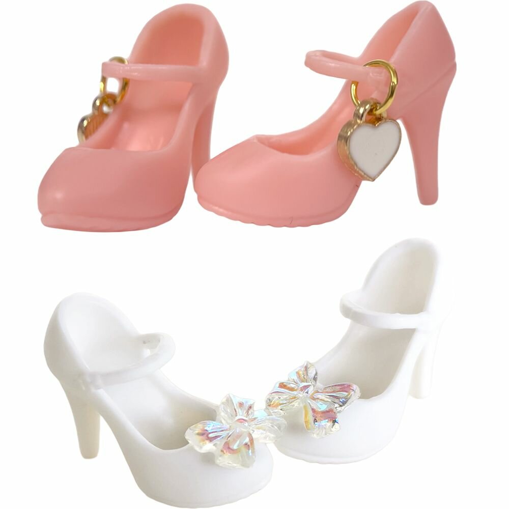 2 Пары туфель для куклы Барби (1 * розовая + 1 * белая), подходящие для куклы Блайт на высоком каблуке