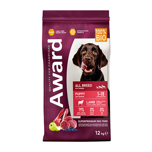 Сухой корм Авард для Щенков от 1 месяца, беременных и кормящих собак всех пород Ягненок индейка яблоко черника 12 кг