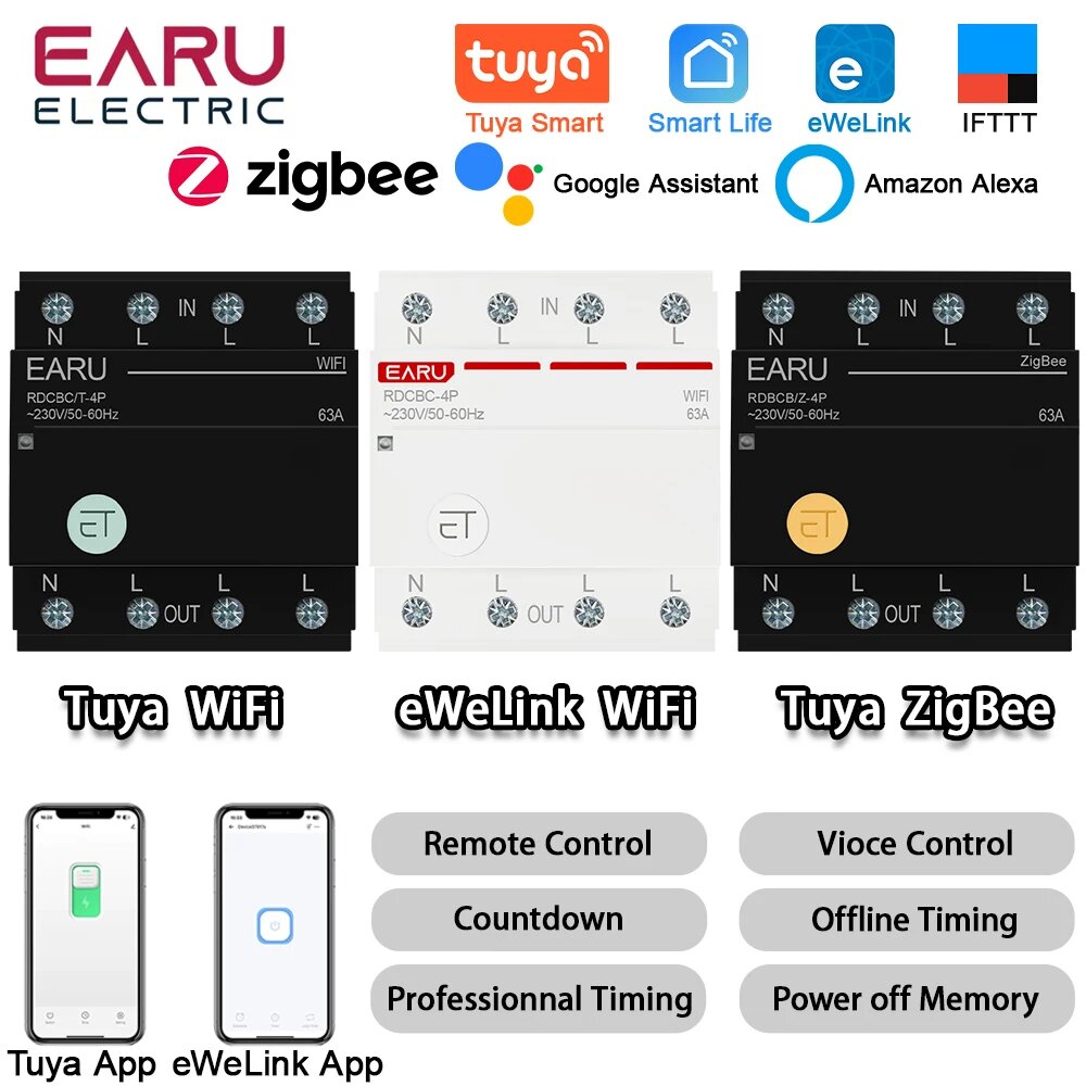 Автоматический выключатель EARU Tuya eWeLink WiFi ZigBee 3P+N с таймером Tuya WiFi, 80А