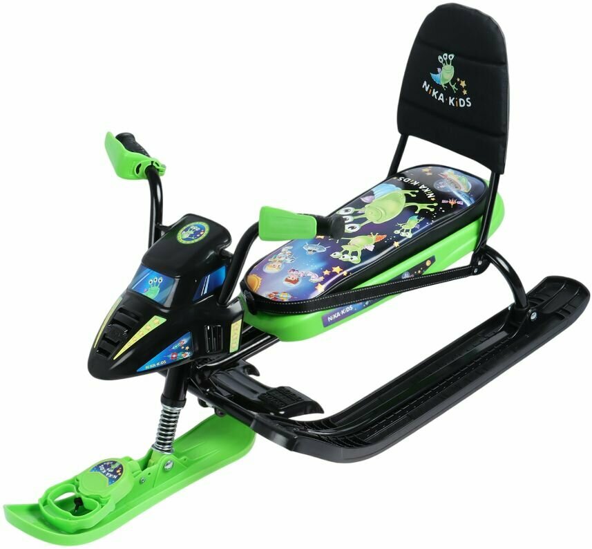 Снегокат детский "Snowpatrol. Пришельцы" со спинкой, велорулем и амортизацией, ремень безопасности, буксировочный трос с автоматической намоткой, 112х54х47 см, нагрузка до 100 кг, 4+, чёрно-зелёный