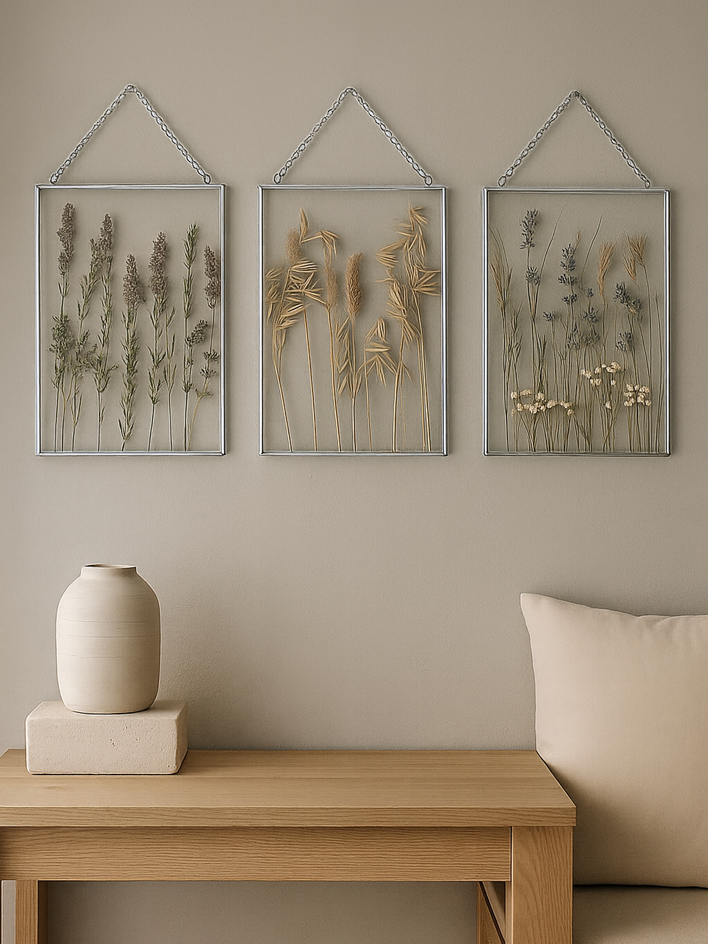 Набор из 3 панно с сухоцветами в серебряной раме стеклянный гербарий ручной работы, интерьерный декор на цепочке