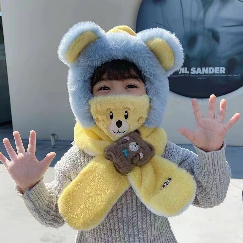 Плюшевая детская шапка с медведем, осенне-зимняя детская шапка, шарф, цельный комплект из двух предметов, детская теплая шапка с защитой ушей, очень милая