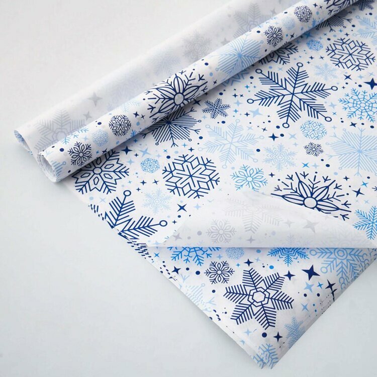 Упаковочная бумага КНР крафт, снежинки на белом, 100х70 см