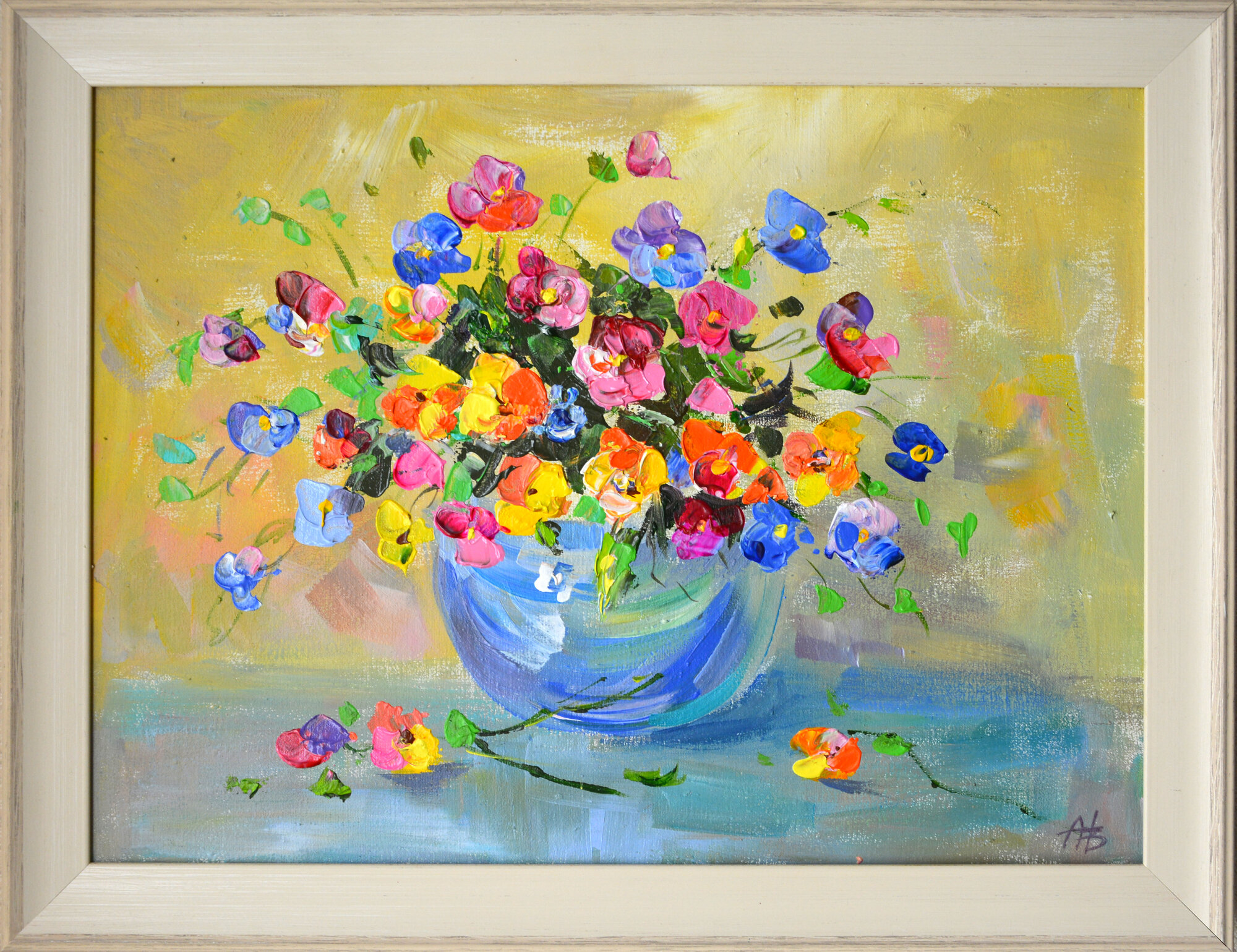 Картина маслом "Анютины глазки" 30х40 см, холст/масло, с рамой, ручная работа