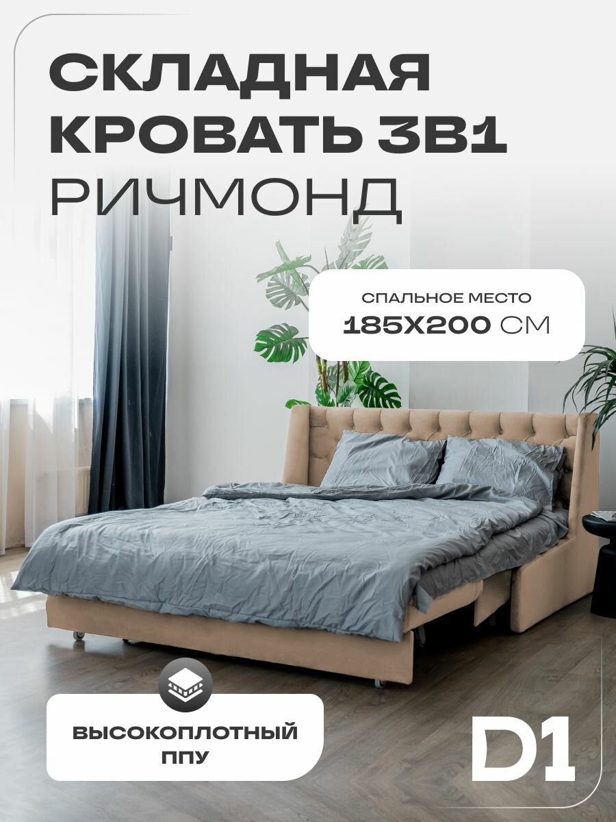 Складная кровать 3в1 Ричмонд 185x200. ППУ, диван-кровать аккордеон, металлокаркас. Велюр бежевый