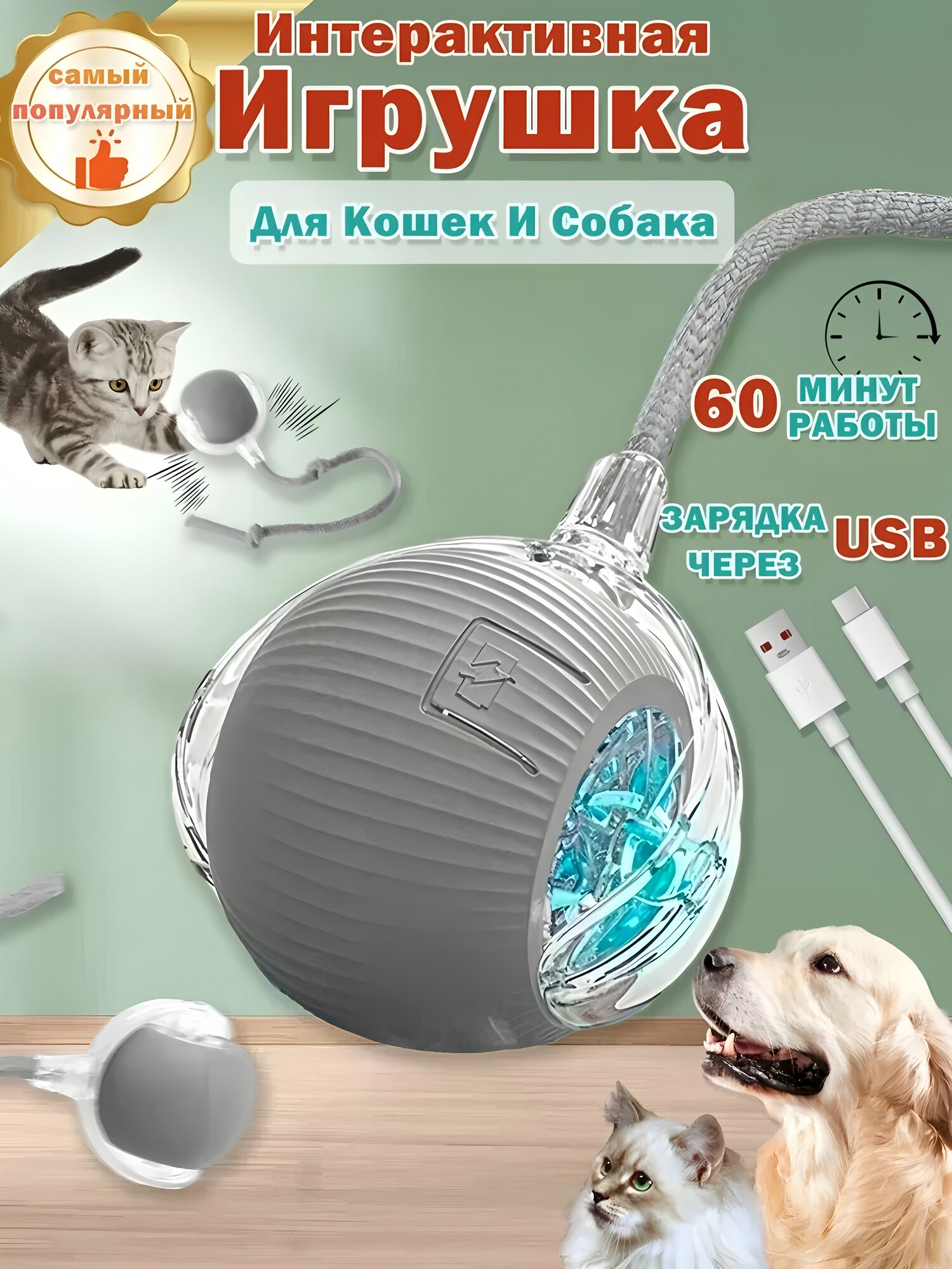 Умный мячик для кошек, игрушки для котят, Зарядка через USB, серый, для собак и кошек