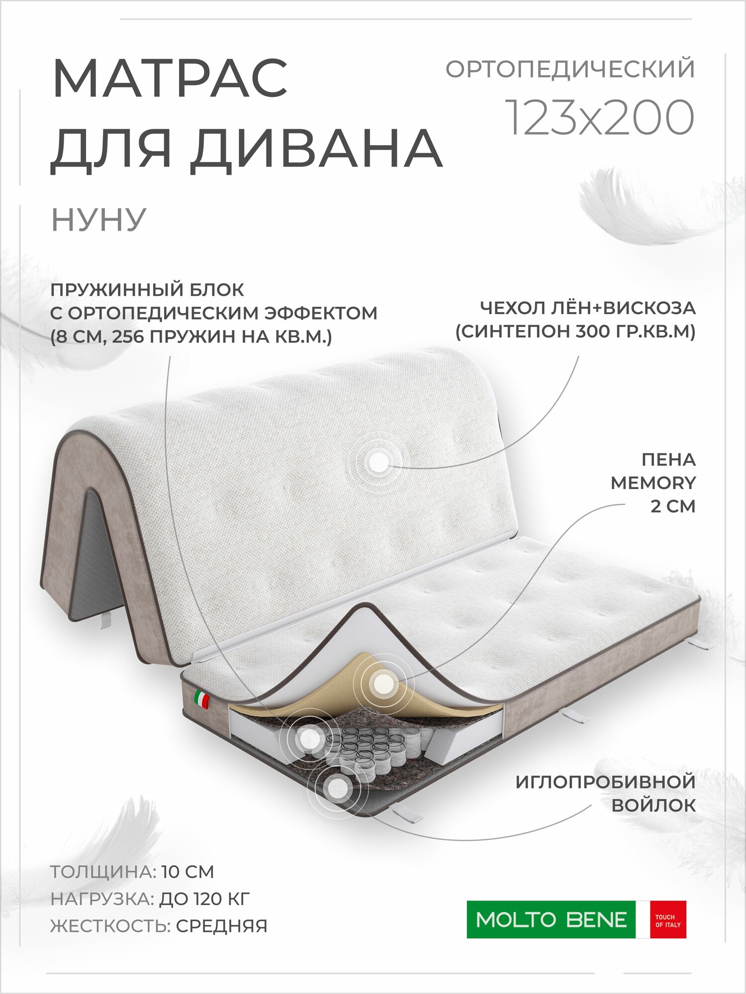 Матрас для дивана аккордеон 123х135х10, 123х65х10 см. (123х200х10), ортопедический нуну с пружинным блоком