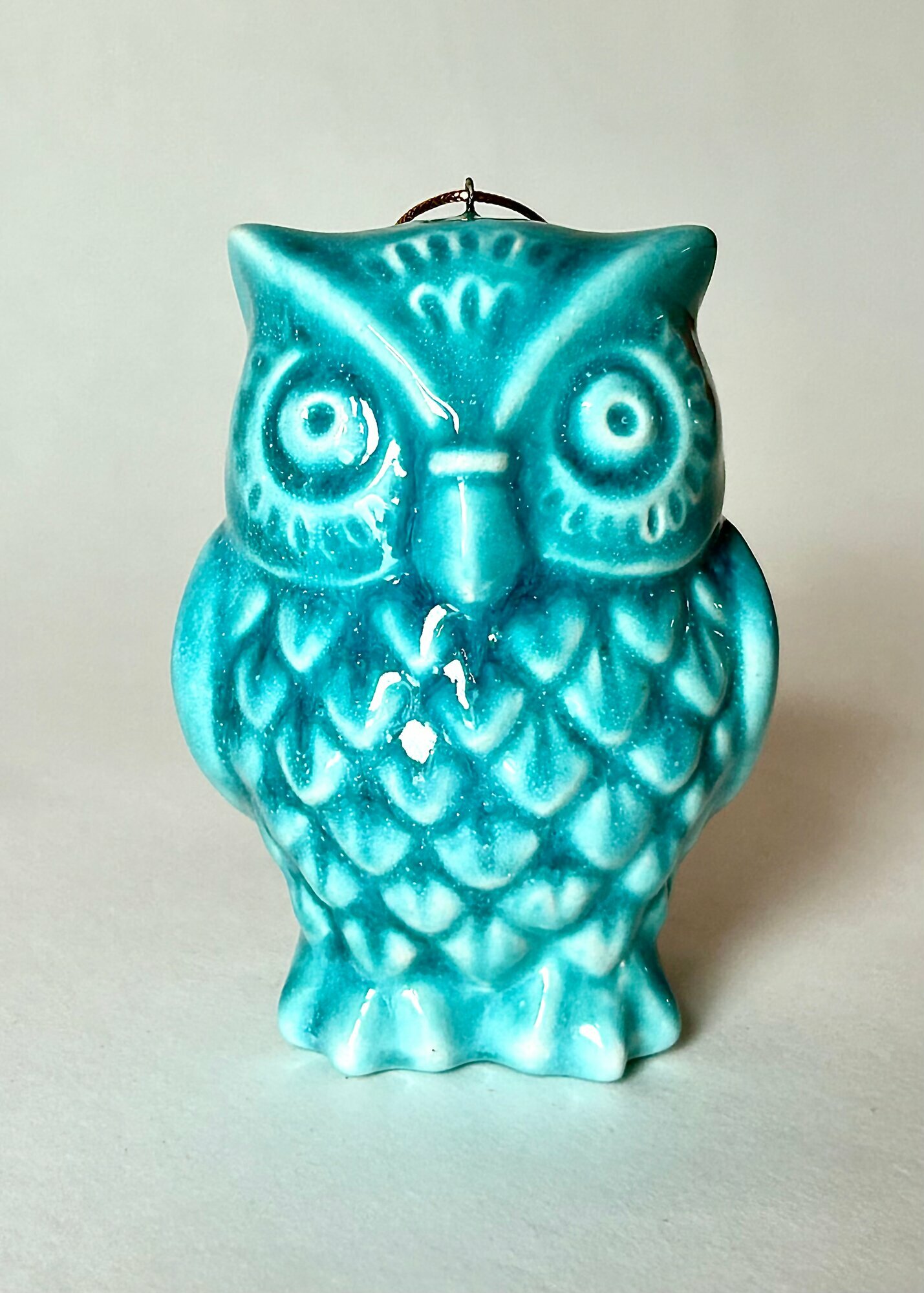 Елочная игрушка Филин бирюзовый, Майолика, глазурь, керамика, 8 см