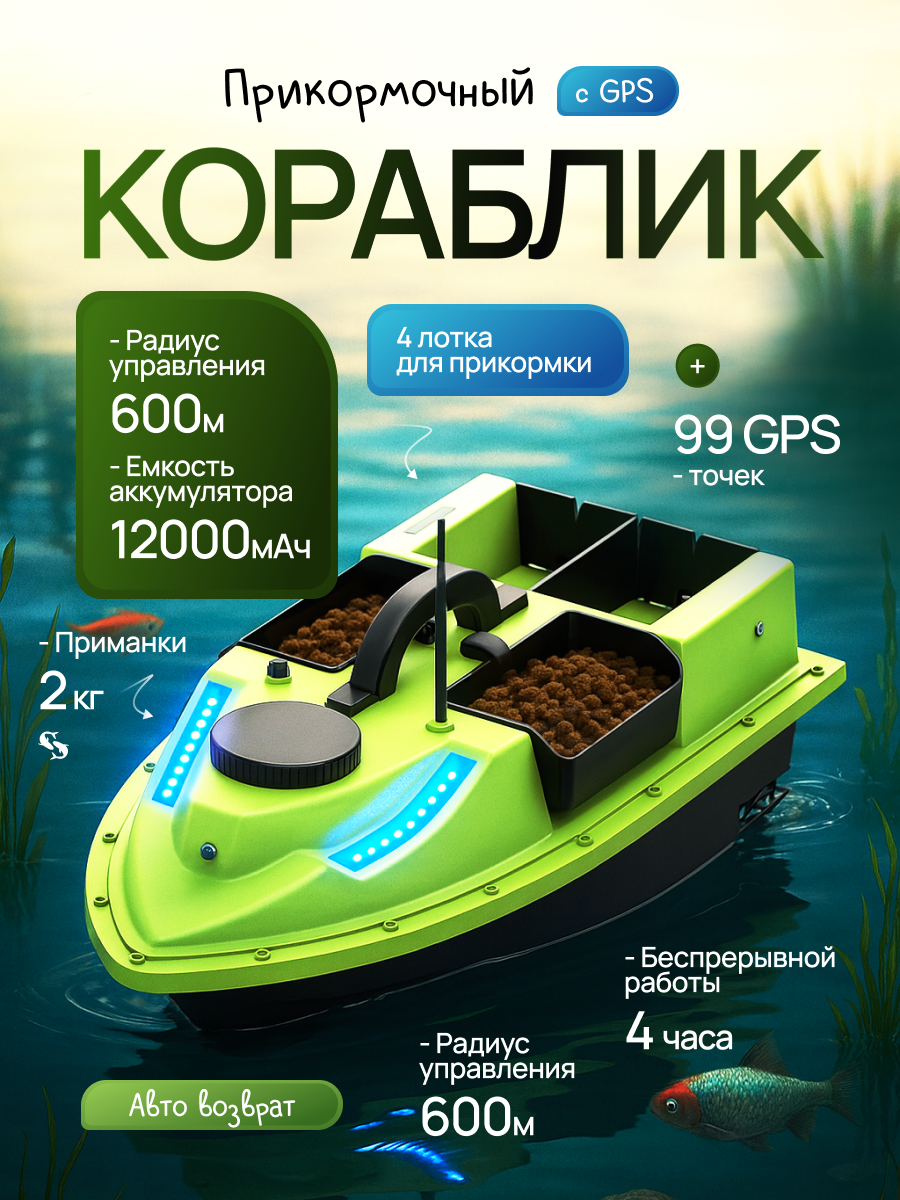 Прикормочный кораблик New Wave D19Y с GPS, LED, АКБ 12000mah