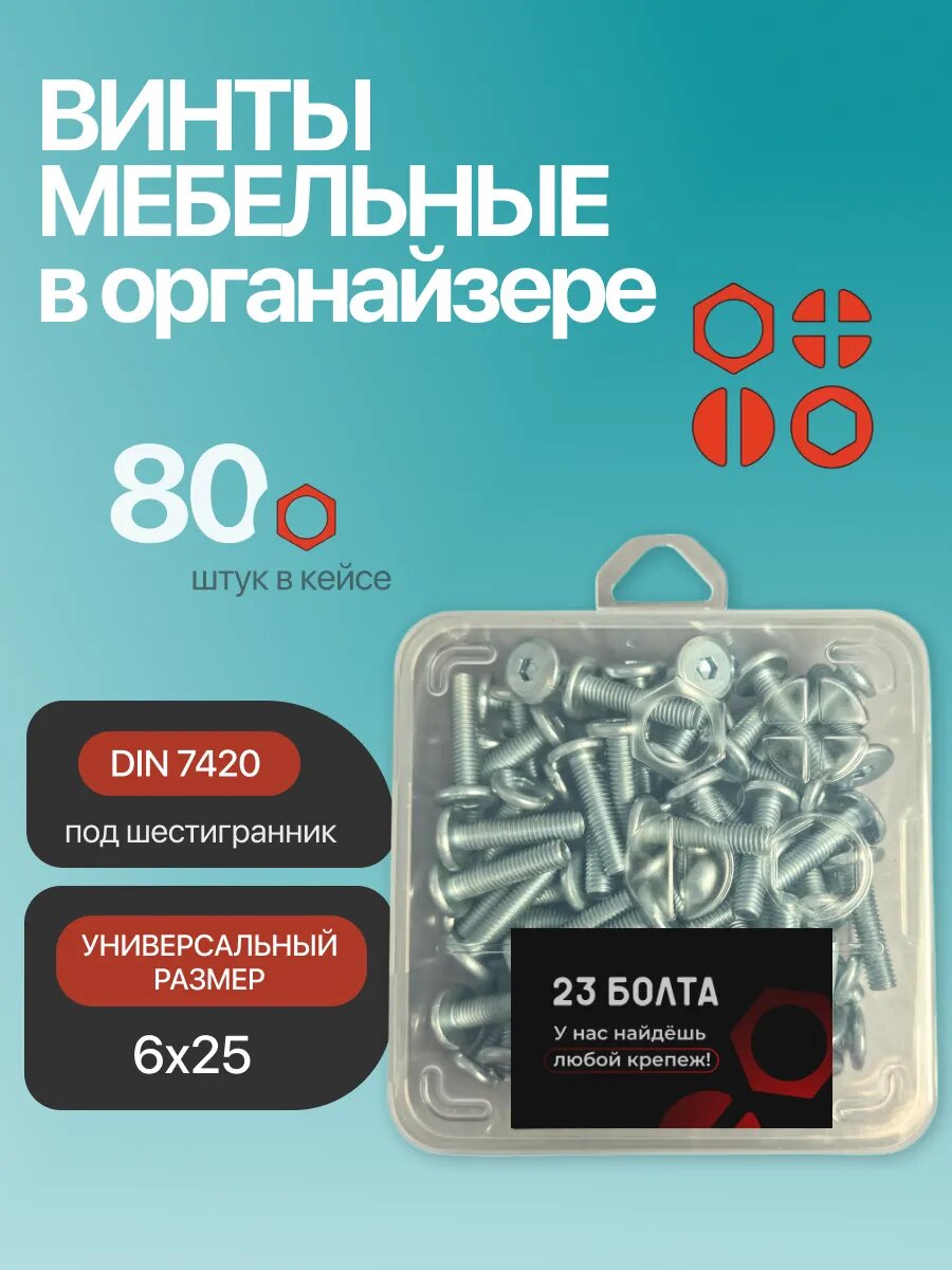 Винт мебельный 6х25 DIN7420 в органайзере,80 шт.