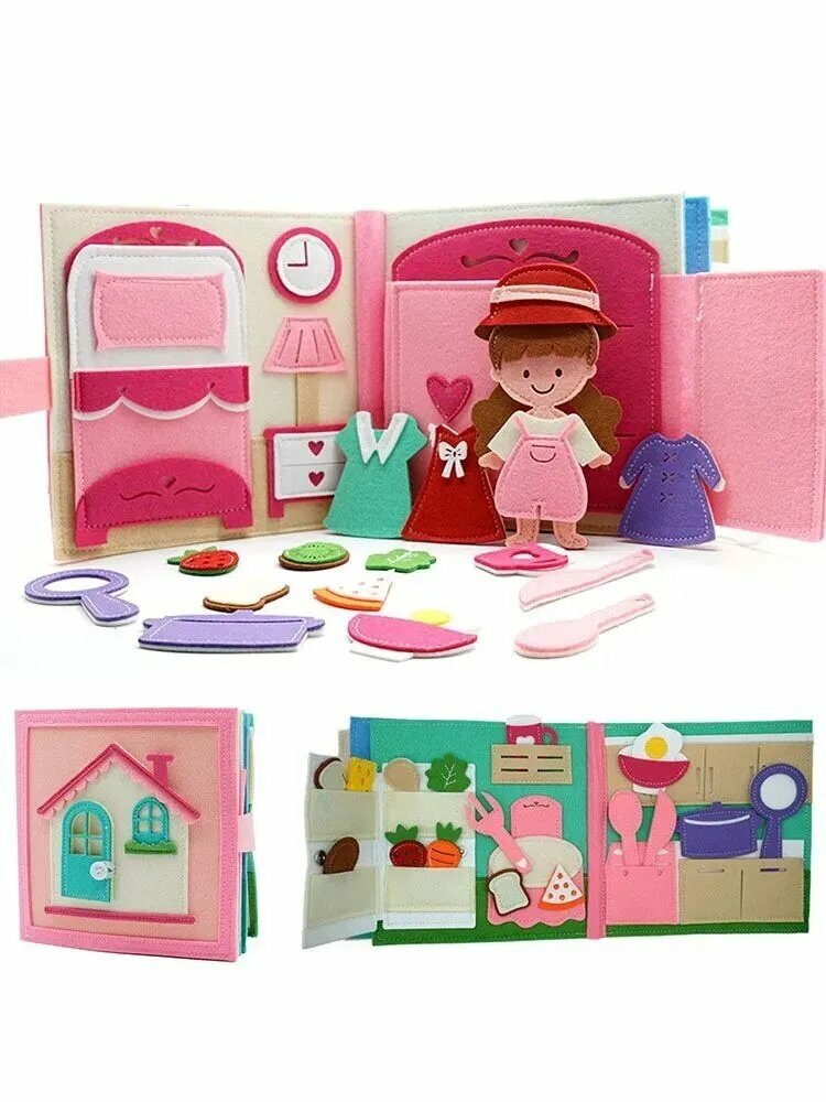 Развивающая мягкая книжка для девочек, набор для кукольного домика из фетра на липучках "Одевалка"