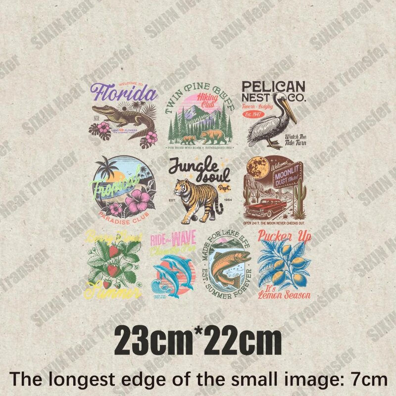 10 стилей 25 см ретро животные теплопередающие наклейки крокодил тигр клубника модные футболки рюкзак винил DTF гладильная нашивка