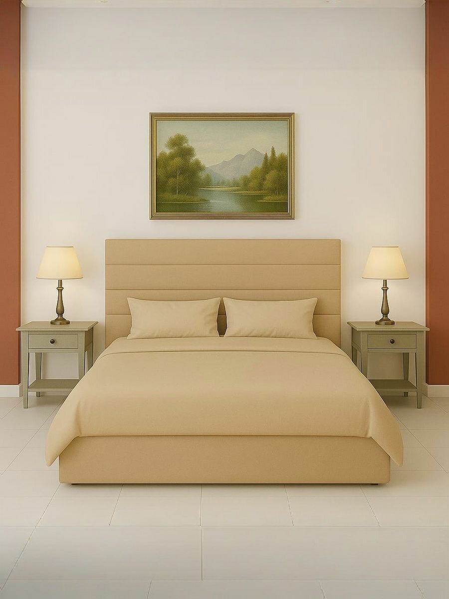 Кровать двуспальная 160х200 с подъемным механизмом, ящиками для белья, ортопедическим основанием, светло-бежевая, Лара