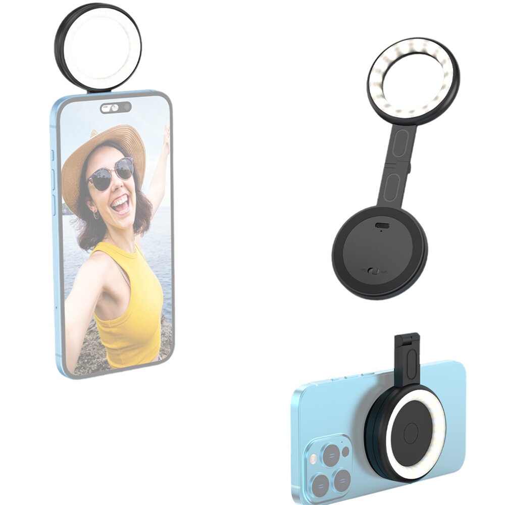 Магнитный светодиодный подводной свет для телефона Selfie Light LED Video Light 2500K-9000K регулируемый яркостью с встроенной батареей для замены iPhone 15/14/13/12 Android телефона Видеоконференция Влог Live Streaming Макияж Черный/Белый 32