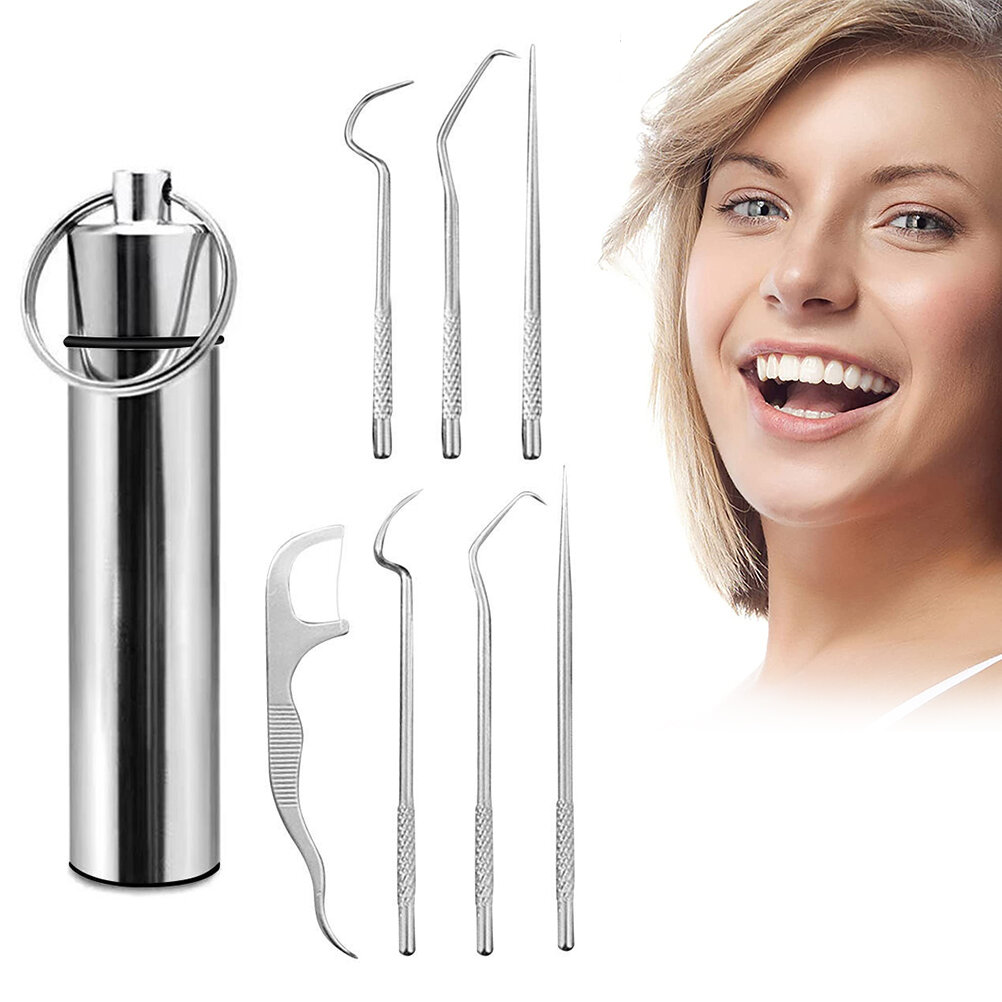 Набор из 7 металлических зубочисток из нержавеющей стали, портативный многоразовый набор для чистки зубов с держателем для пикника на природе, кемпинга и путешествий.
