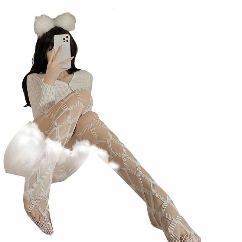 Сетчатые чулки в клетку виде ромба, полые цельнокроеные чулки-сетчатые из пяти нитей белого цвета