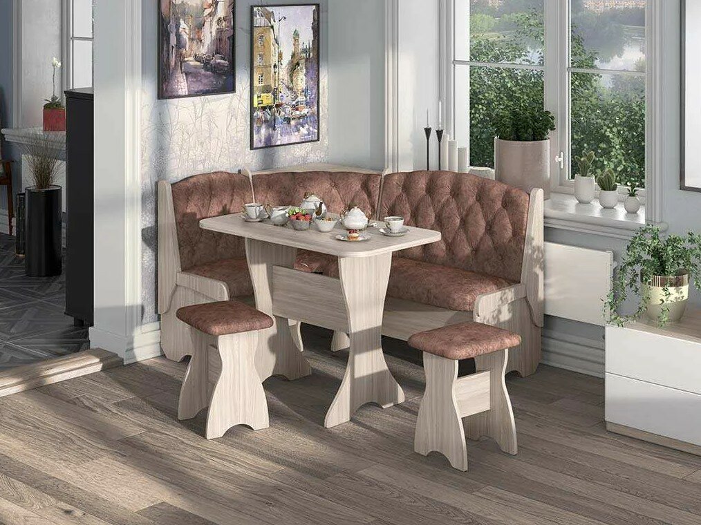 Кухонный угловой набор Орхидея Люкс, ЛДСП ясень, обивка велюр коньяк