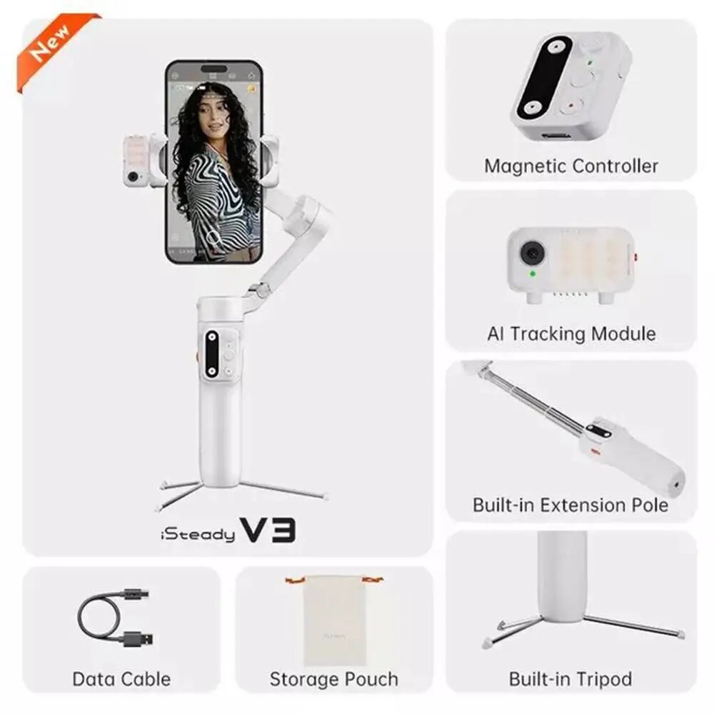 Hohem iSteady V3 Gimbal Stabilizer for Smartphone,3-Axis Phone Gimbal for Video Recording, Magnetic AI Tracker with Fill Light