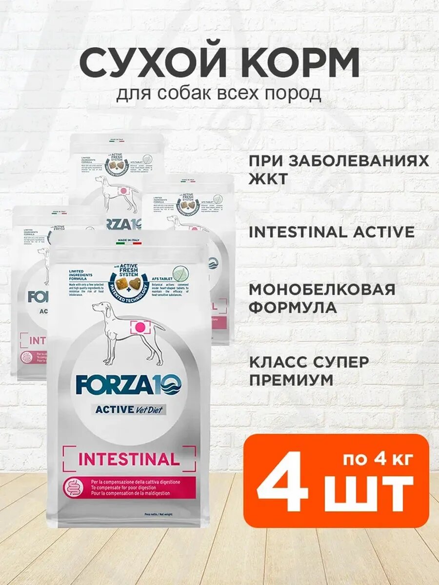 Корм сухой Forza10 Dog Active Vet Diet Intestinal для взрослых собак всех пород при заболеваниях ЖКТ, 4 кг х 4 шт