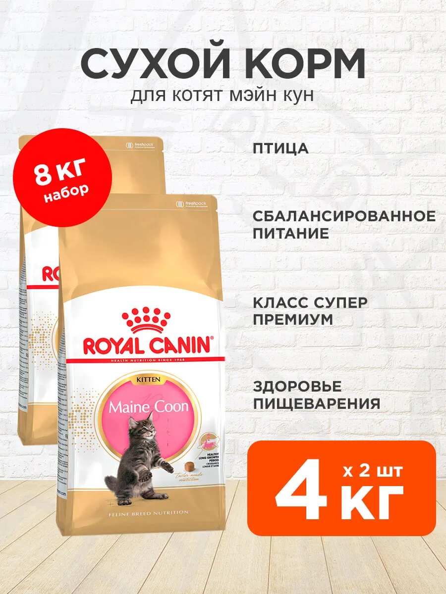 Корм сухой Royal Canin Maine Coon Kitten 36 для котят мэйн кун, 4 кг х 2 шт