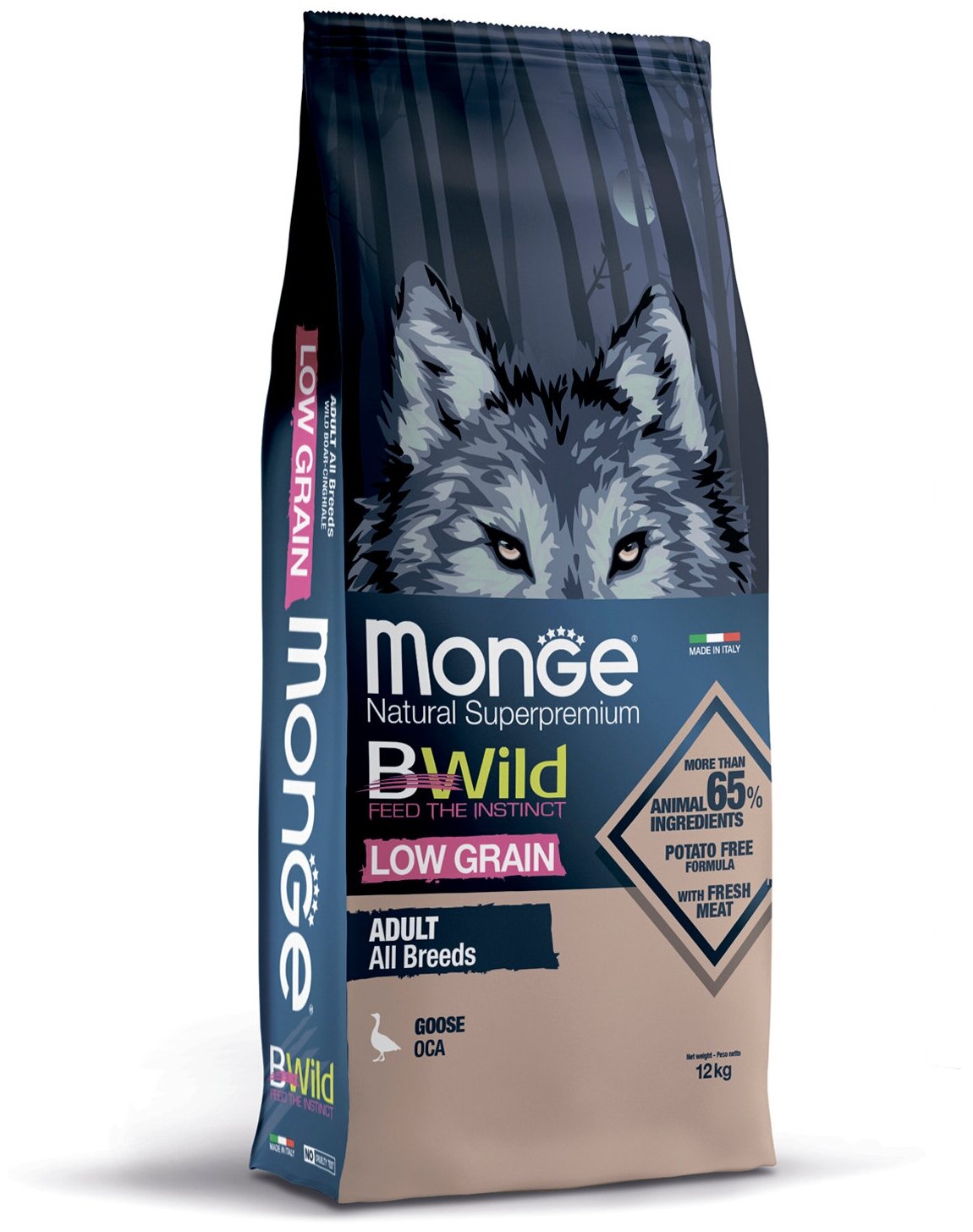 Сухой корм Monge Dog BWild LOW GRAIN, для взрослых собак, низкозерновой, из мяса гуся 12 кг