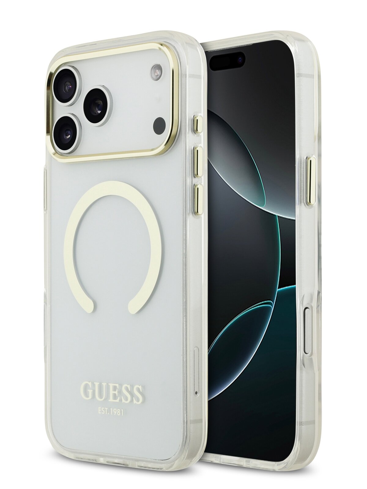 Guess чехол с MagSafe для iPhone 17 Pro, IML Metal outline and Camera, прозрачный/золотистый