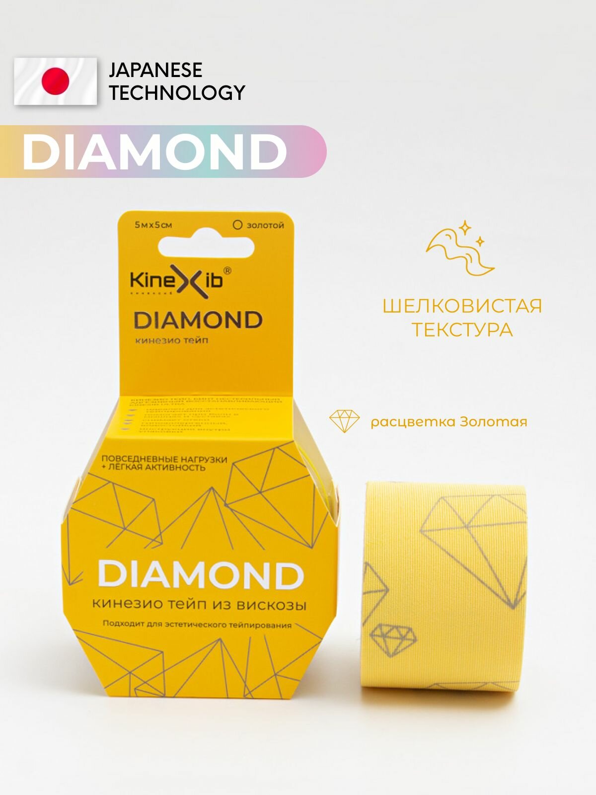 Кинезио тейп Kinexib ULTRA Diamond, тейпы для тела, тейп для лица 5см Х 5 м, золотой