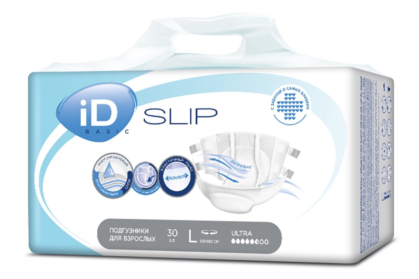 Подгузники для взрослых iD Slip Basic Large, объем талии 100-150 см, 30 шт.
