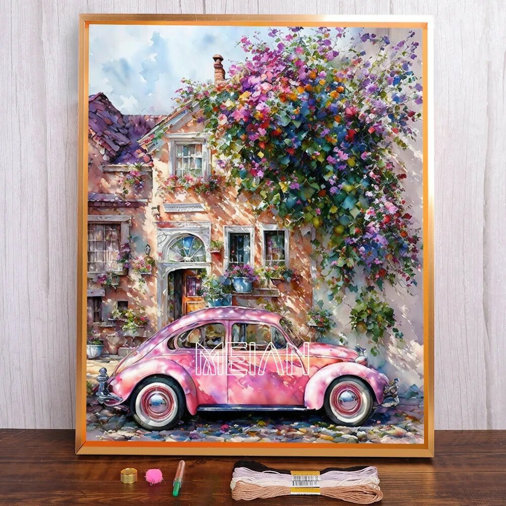MEIAN Набор для вышивания,30x40CM, Чистый холст с сеткой,14CT, Машина под цветами