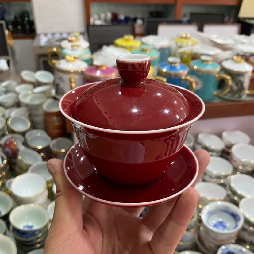 Китайская фарфоровая чашка с куриной кровью красной глазурью для традиционных свадебных церемоний, ручная работа