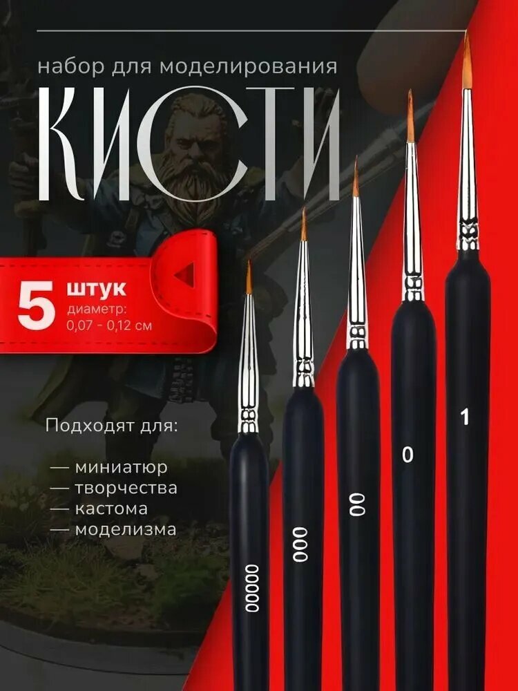Набор кистей для моделирования миниатюр (00000, 000, 00, 0, 1) 5 шт / для моделизма