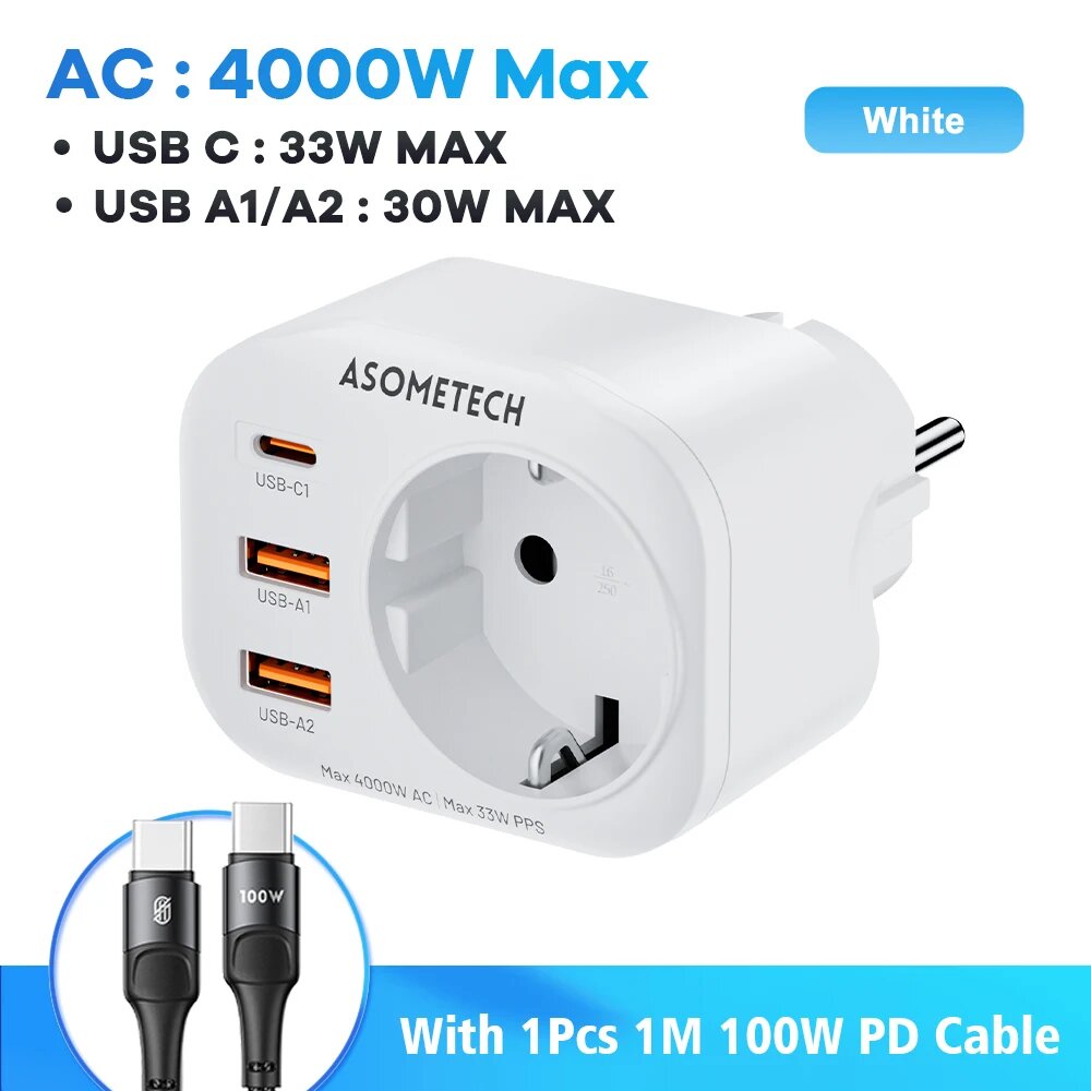 Зарядное устройство 4000W, 33W USB-C, 30W USB-A, White With 1M Cable