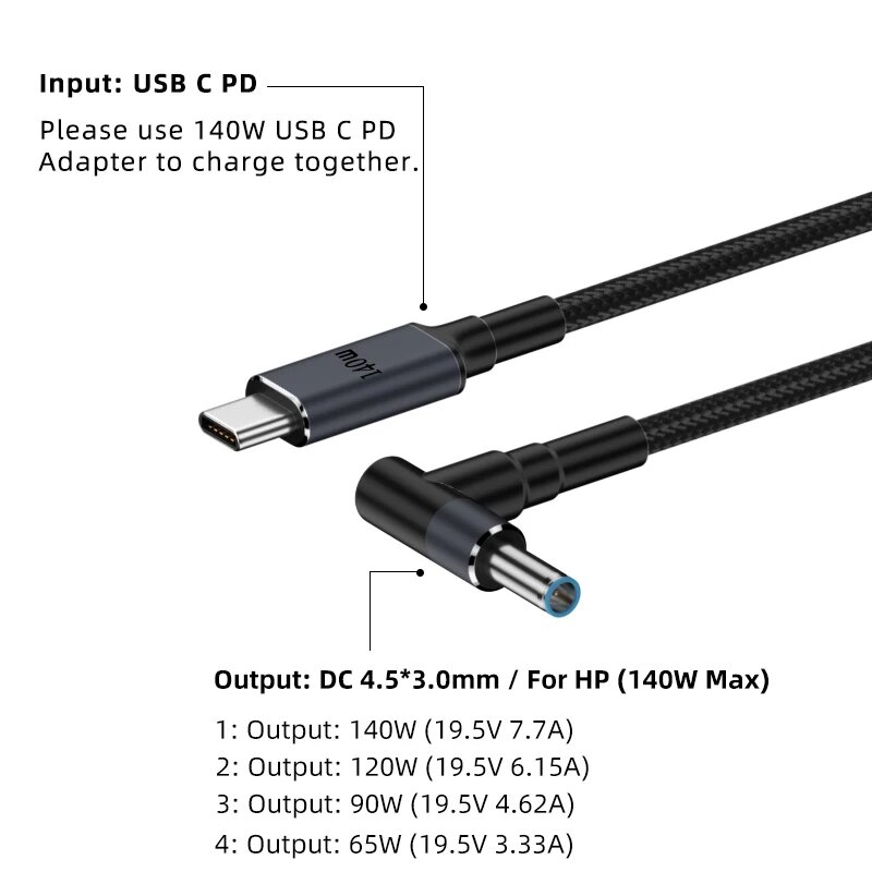 USB-C зарядный кабель для ноутбука Asus Dell HP 4.5-3.0mm (for Hp)