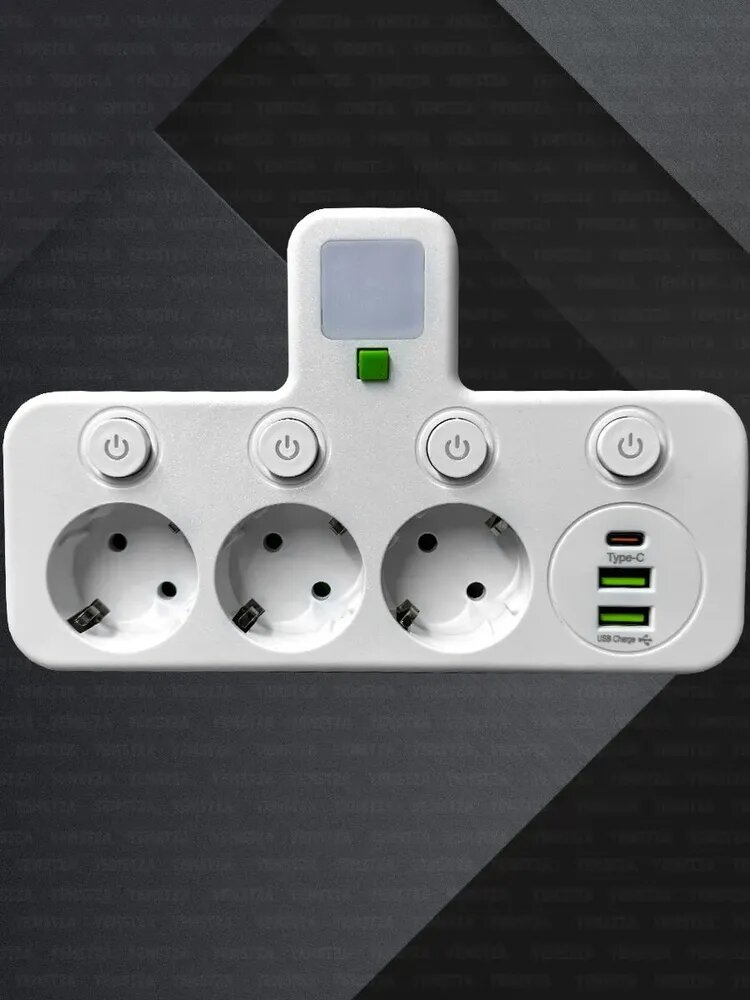 Сетевой фильтр тройник с 3 розетками EURO, 2 USB и Type-C, подсветкой, белый — фото 1