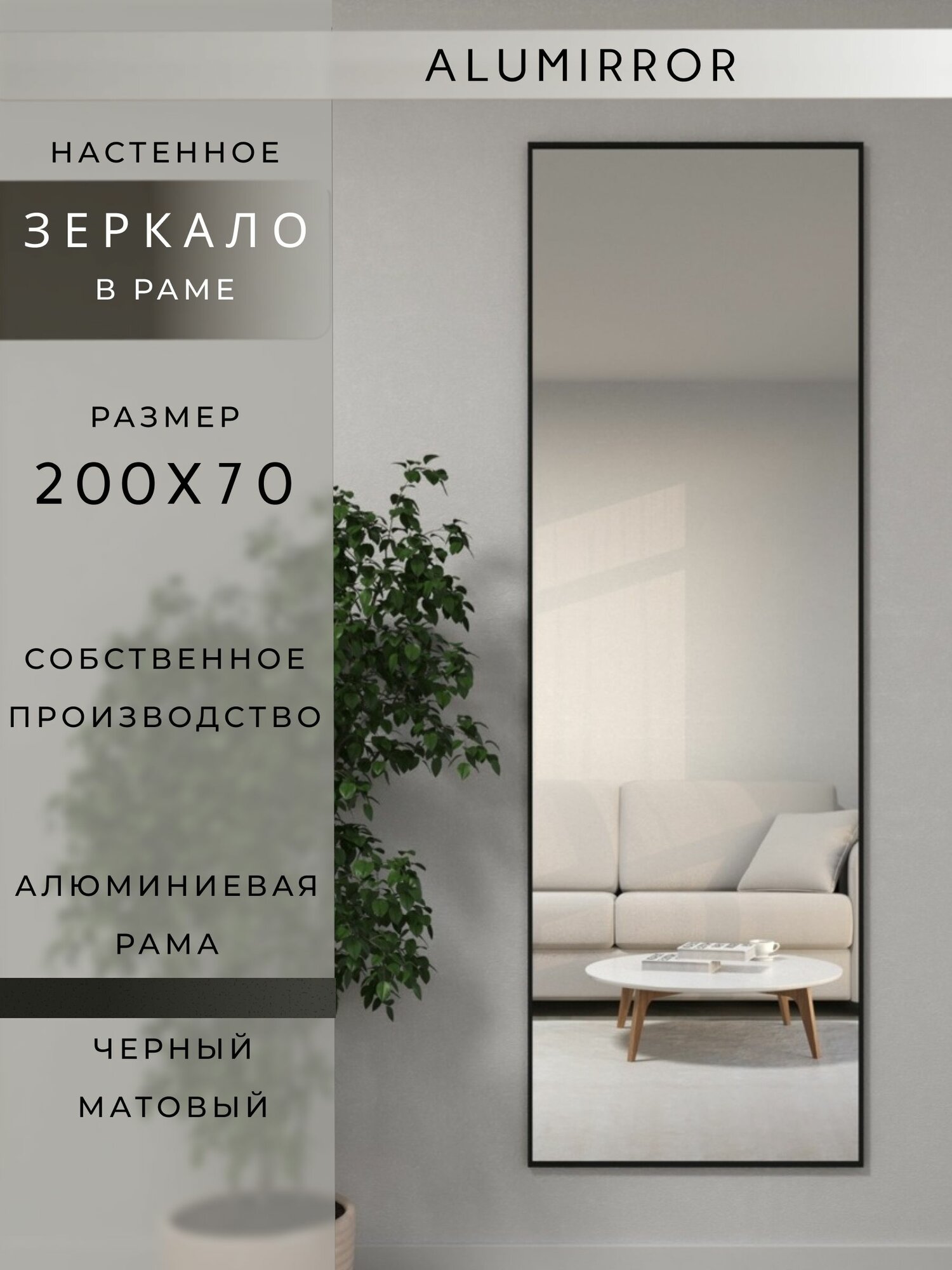 Зеркало настенное 200х70 см. черное в алюминиевой раме интерьерное ALUMIRROR