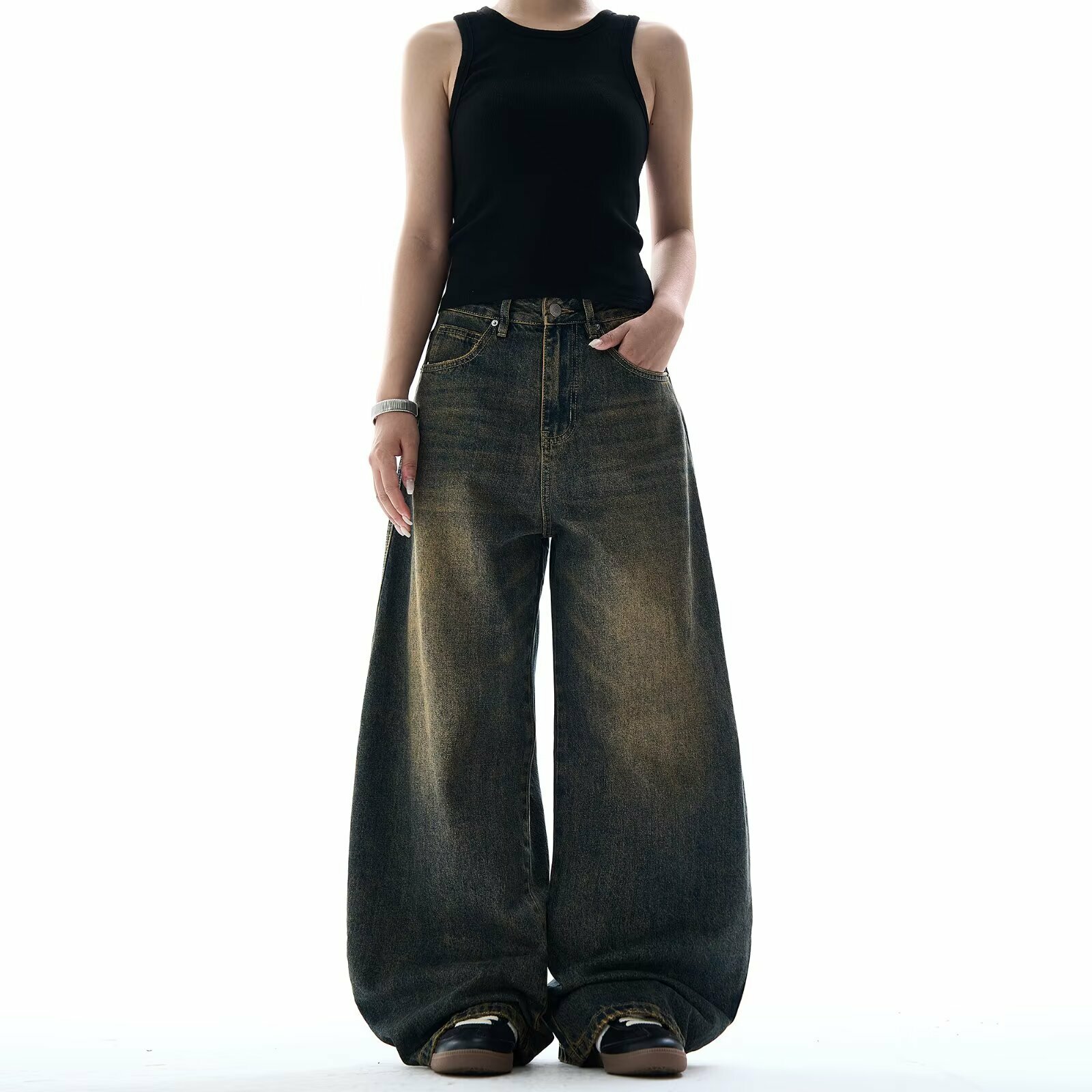 JYL Джинсы Женские Карго Винтажные Большие Карманы Стильные Деним, Размер_XXL