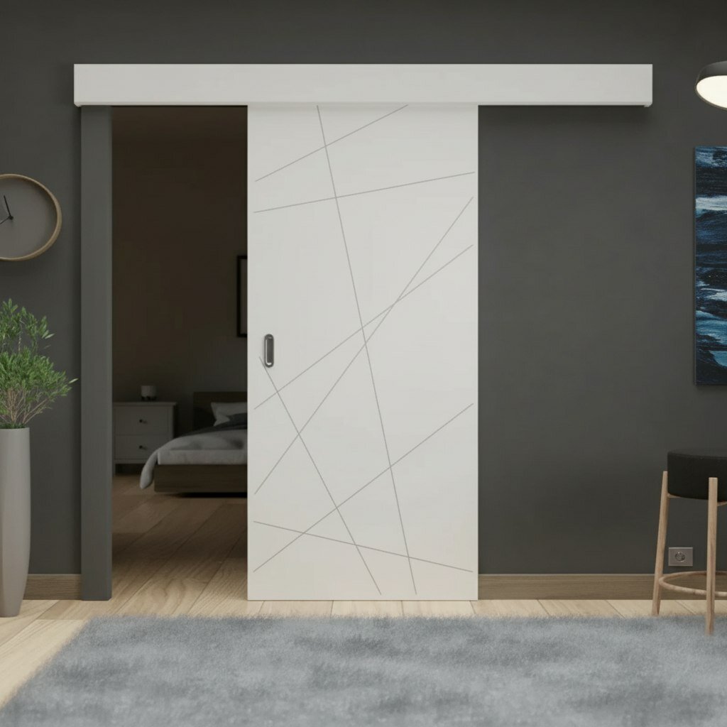 Раздвижная дверь Паутинка белоснежная шагрень размер: 800х2000 мм ( комплект: полотно + раздвижной механизм + добор)