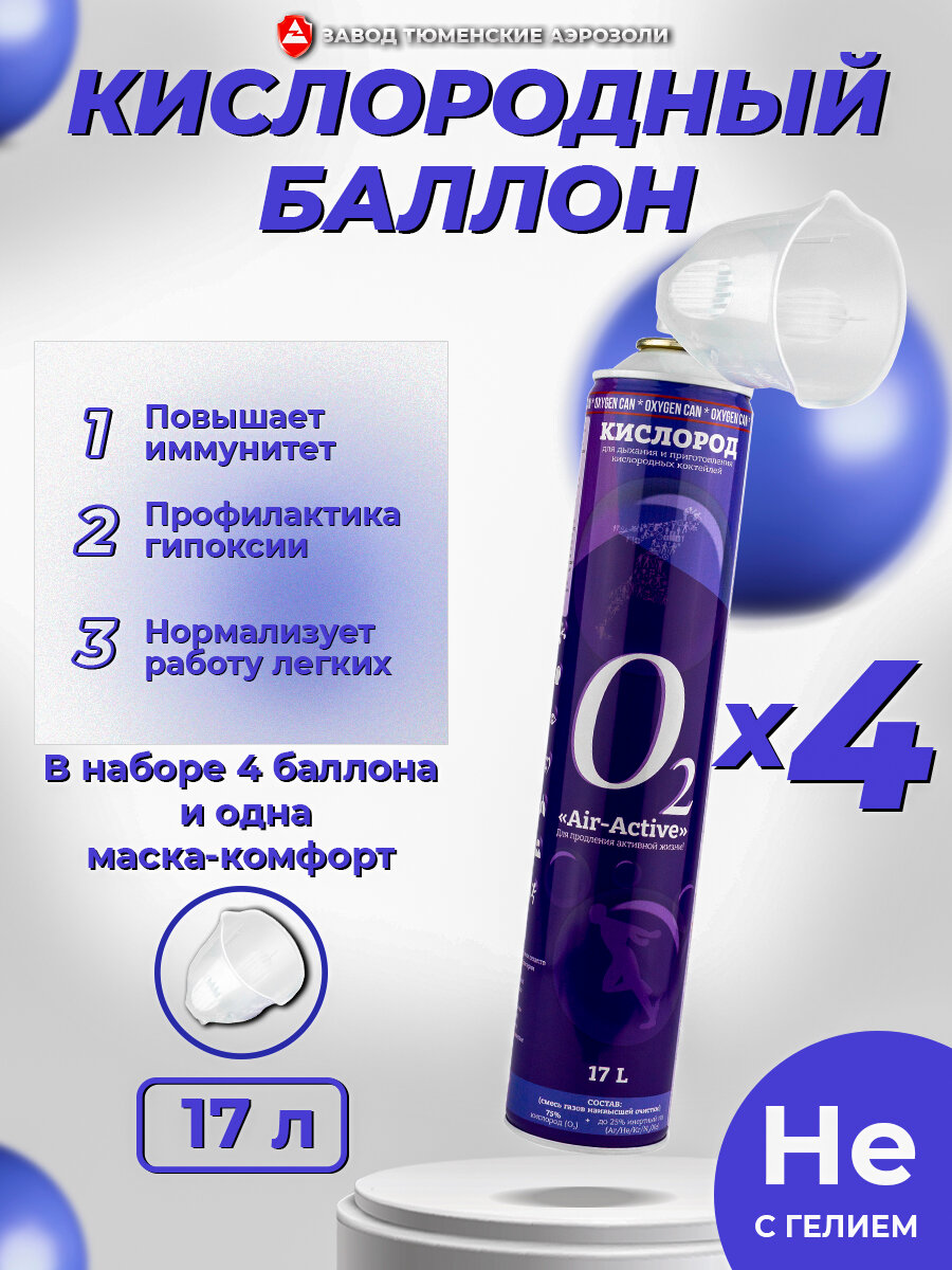 Набор 4 кислородных баллончика с гелием и надежной маской "Комфорт" AIR-ACTIVE, Тюменские аэрозли