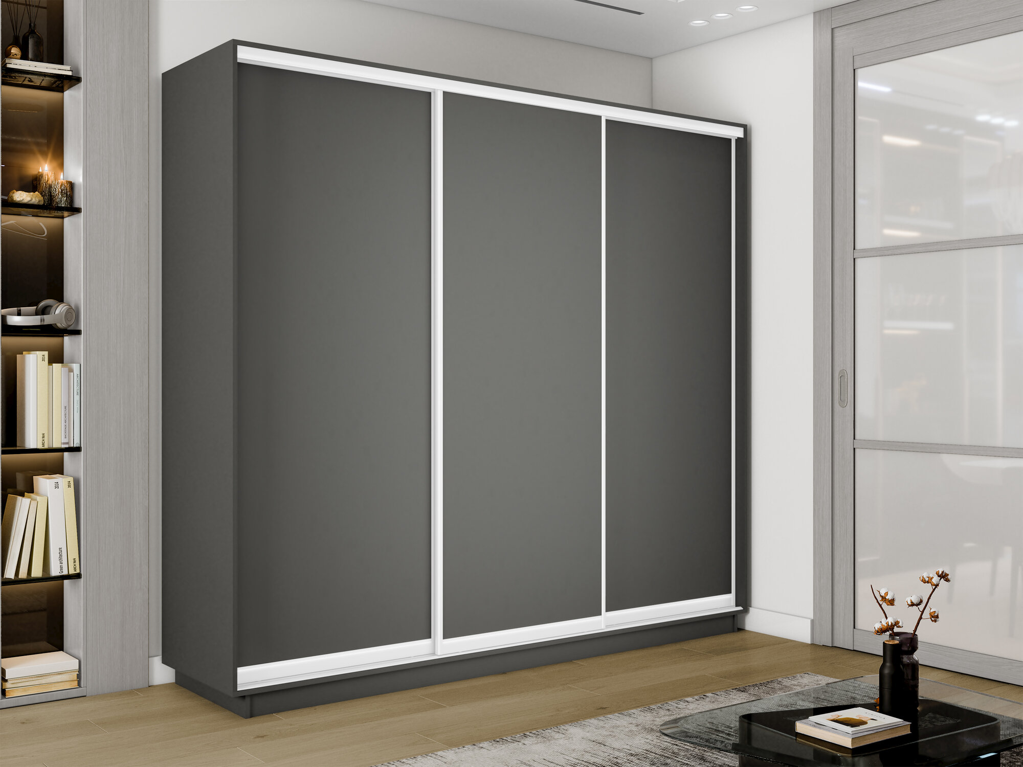 Шкаф купе Вилли 3-х дверный ЛДСП, профиль белый 210 см х 220 см х 60 см (Серый диамант)