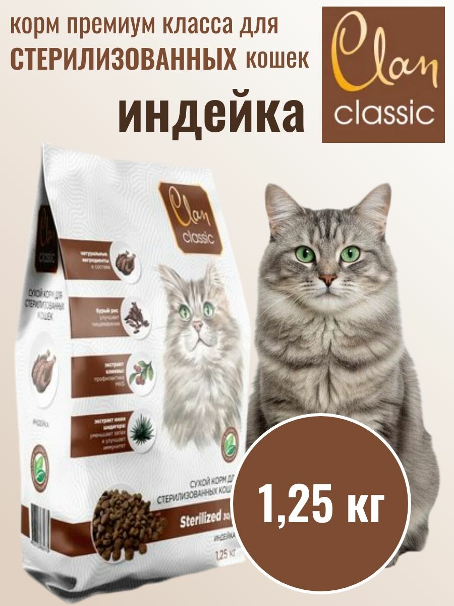 Корм для кошек сухой для стерилизованных CLAN Classic Sterilized 30/14, индейка, вес 1,25 кг