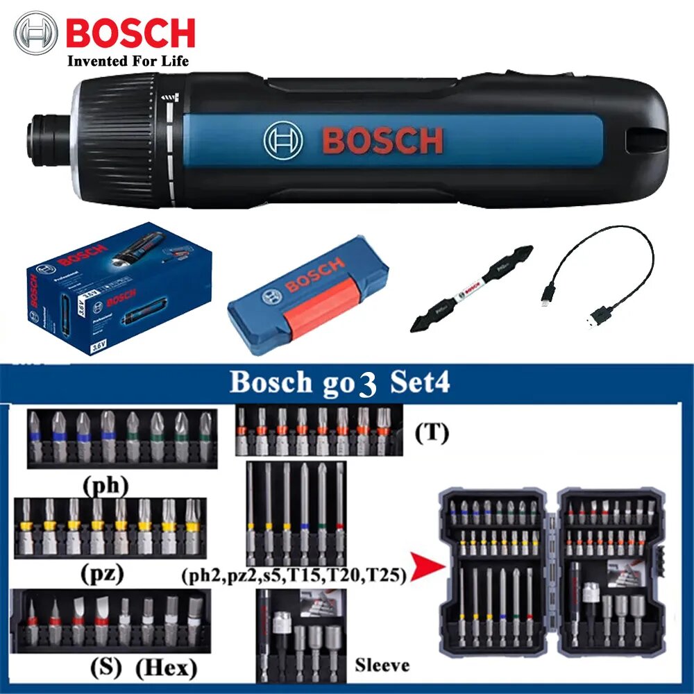 Аккумуляторная отвертка Bosch GO 3 поколение,5 Нм Профессиональная версия В комплект входит набор из 43 бит