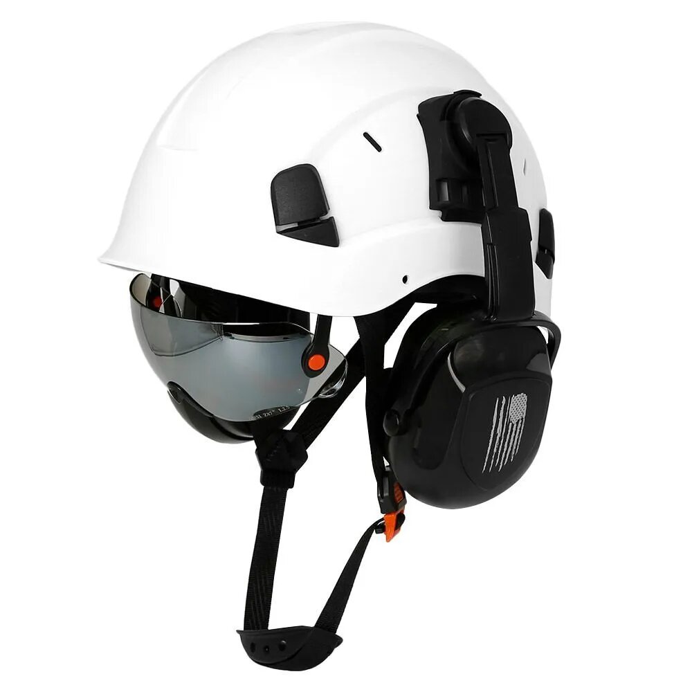 Строительная каска (защитный шлем) с противошумными наушниками и встроенными регулируемыми солнцезащитными очками