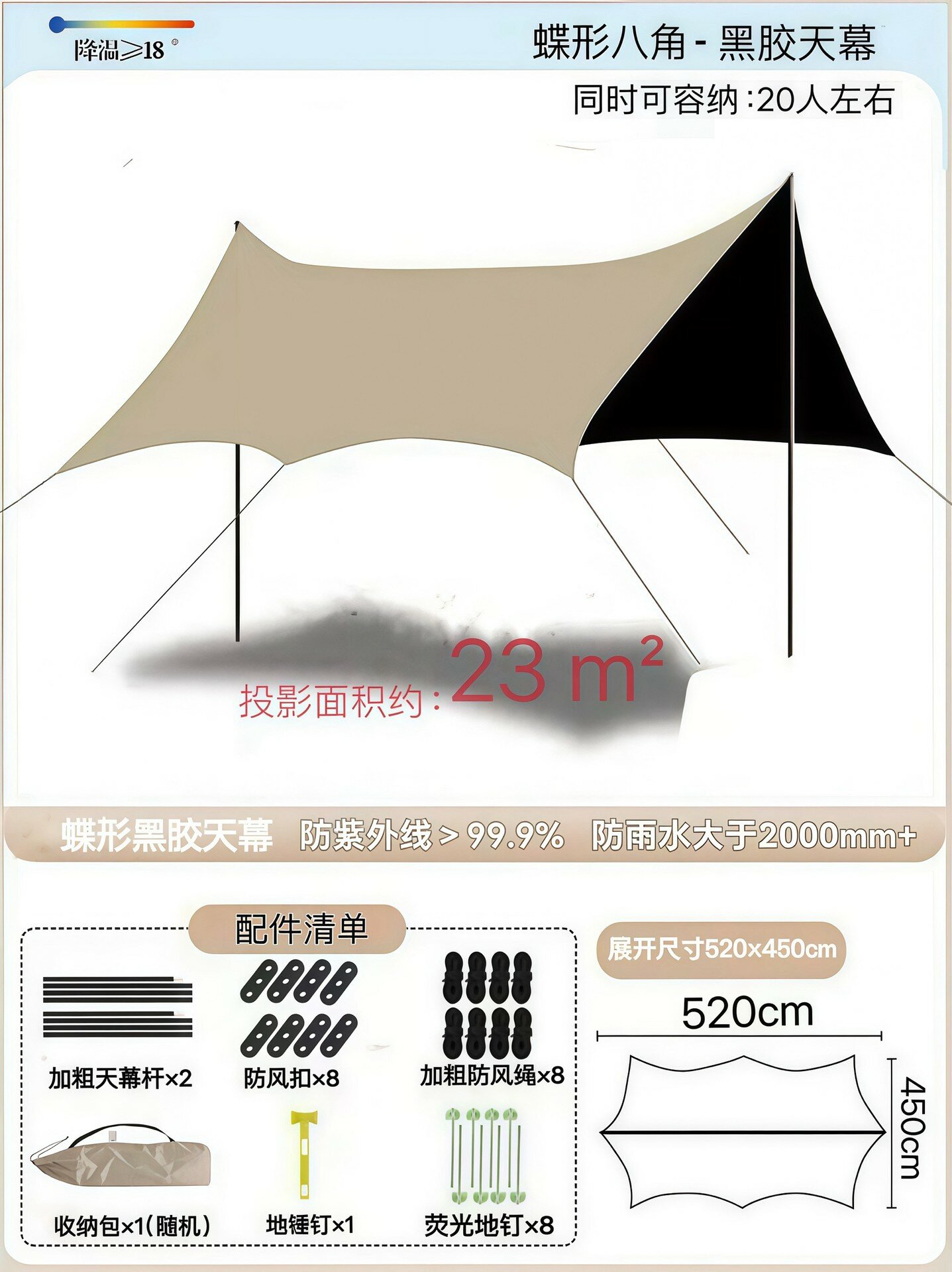 Виниловый большой тент-шатер, водонепроницаемый и солнцезащитный, для кемпинга на открытом воздухе, с большим пространством, восьмиугольный кемпинговый навес.