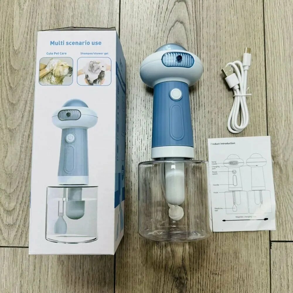 Устройство для создания пены для купания животных, белый и лазурный, USB-зарядка, комплект с кабелем — фото 1