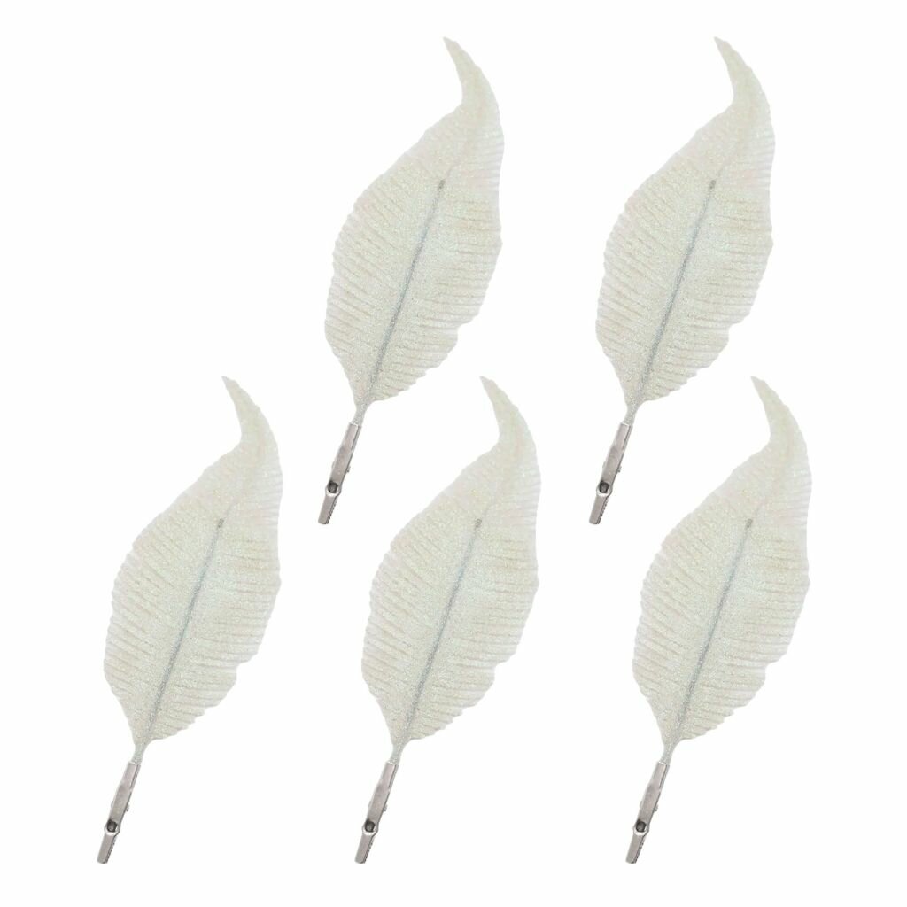 Набор из 5 искусственных перьевых листьев для украшения елки, Белый