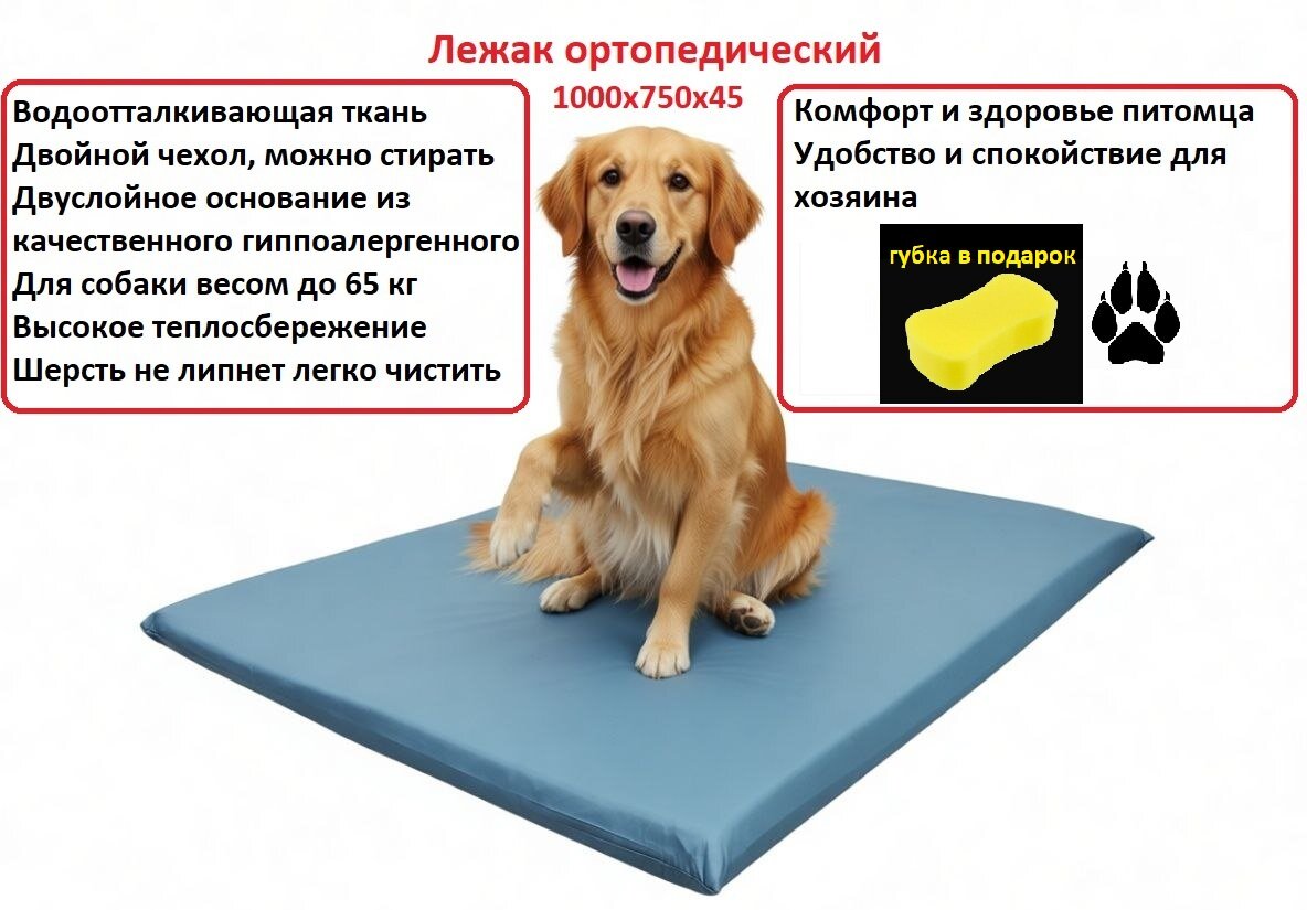 Лежак ортопедический для собак 100х75х5 цвет серый, водонепроницаемый, двойной съемный чехол