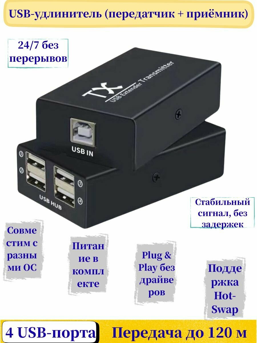USB-удлинитель 1 пара (передатчик + приёмник), 4 порта USB, передача до 120 м по кабелю CAT6