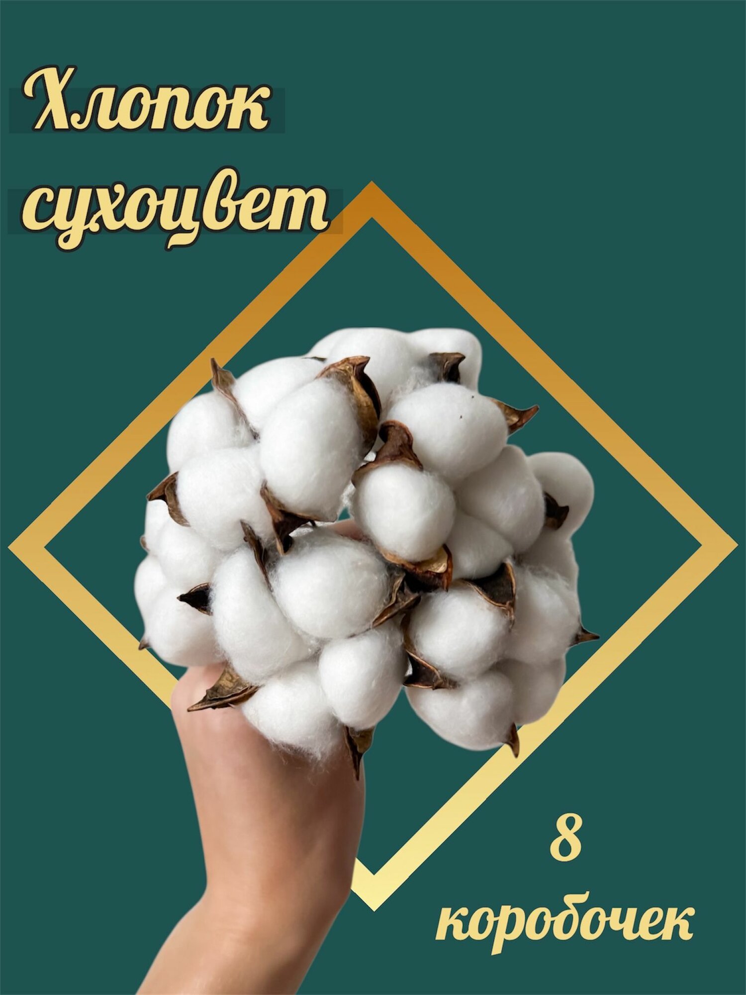 Сухоцвет хлопок натуральный, 8 шт на проволоке, для декора и творчества
