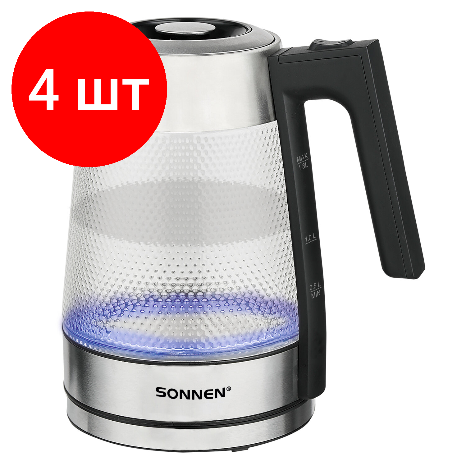 Комплект 4 шт, Чайник электрический SONNEN KT-1809, 1.8л, 2200 Вт, термостойкое стекло текстура ромб, внутренняя подсветка синяя, нержавеющая сталь, 455142