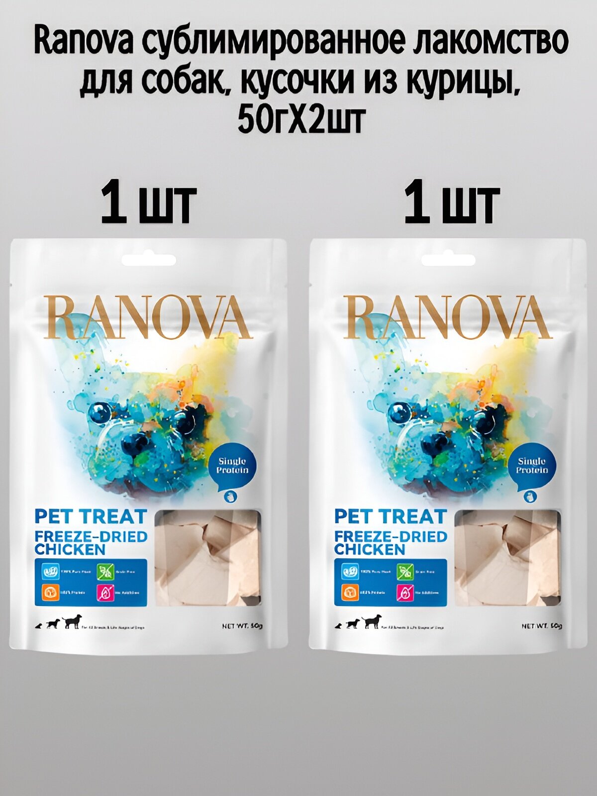 Лакомство сублимированное для собак Ranova Куриная грудка, 2 шт х 50 гр